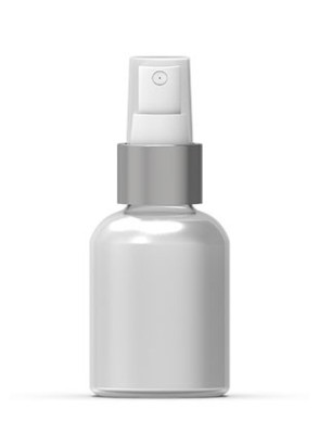 Clear spray bottle, round shape, white spray cap, silver neck, 50ml