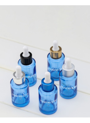Blue dropper bottle, matte silver neck, 30ml