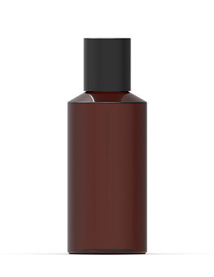 Round tea-colored plastic bottle, black cap, 100ml