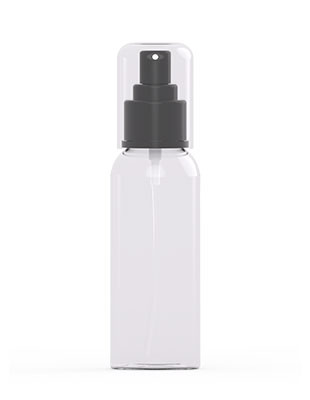 Clear spray bottle, round shape, black cap, clear cover, 100ml