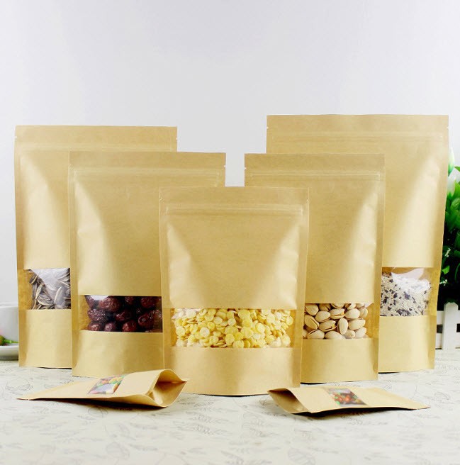 Paper bag with clear compartment, zipper, stand-up bottom, 30x40+6cm