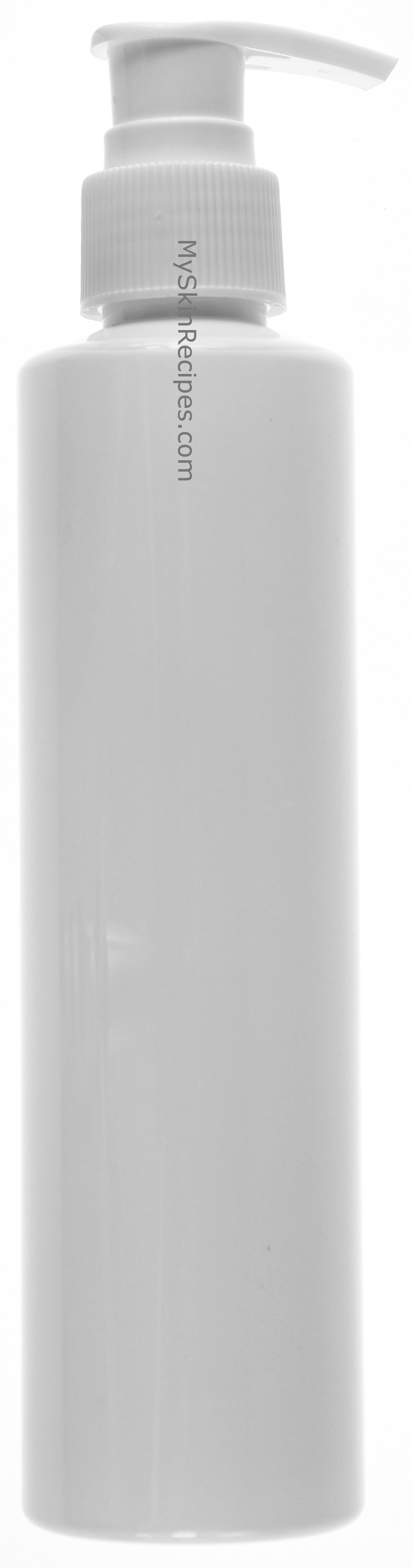 White bottle, tall round shape, white pump cap, gooseneck, 200ml