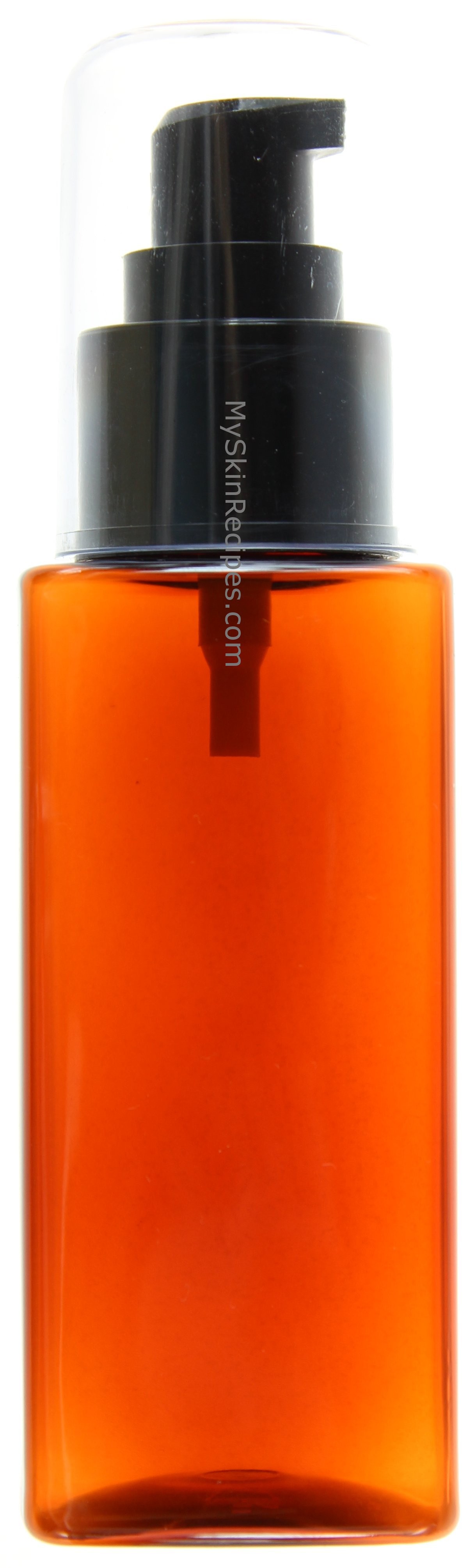 Tea-colored pump bottle, square shape, black pump cap, clear cover, 120ml