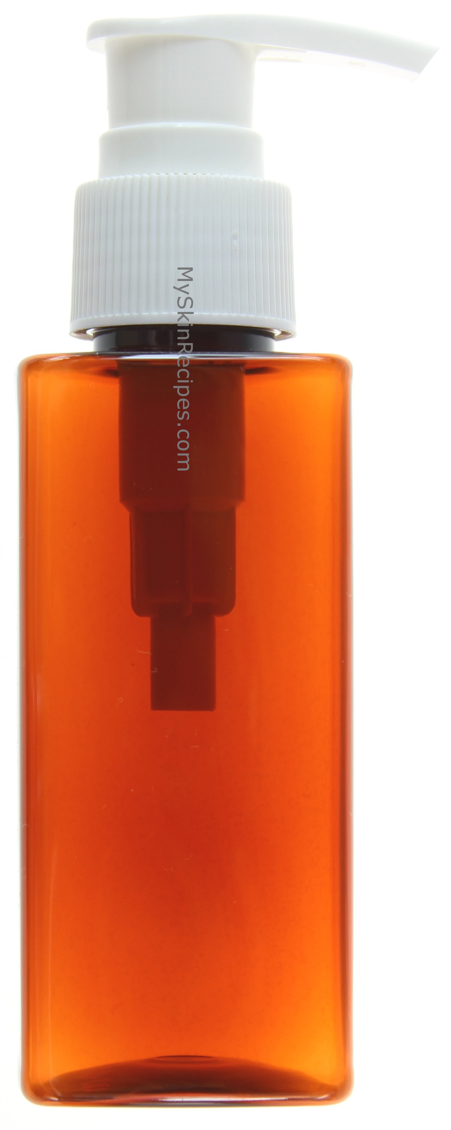 Tea-colored pump bottle, square shape, white pump cap, gooseneck, 120ml