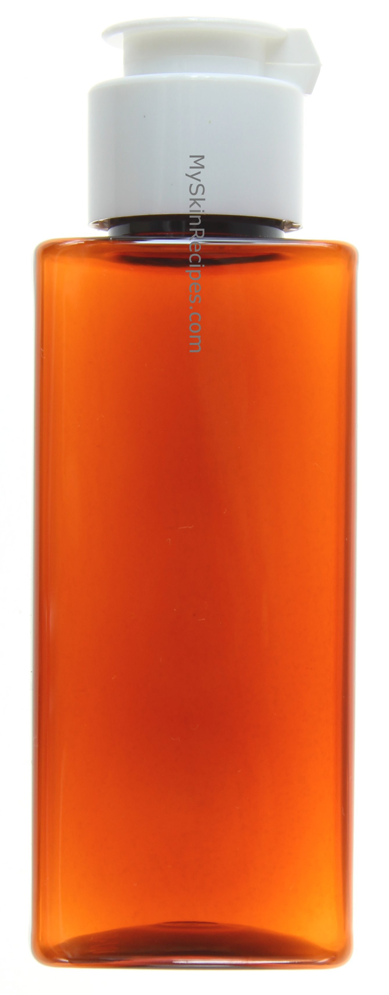 Tea-colored bottle, tall square shape, white flip cap, 120ml