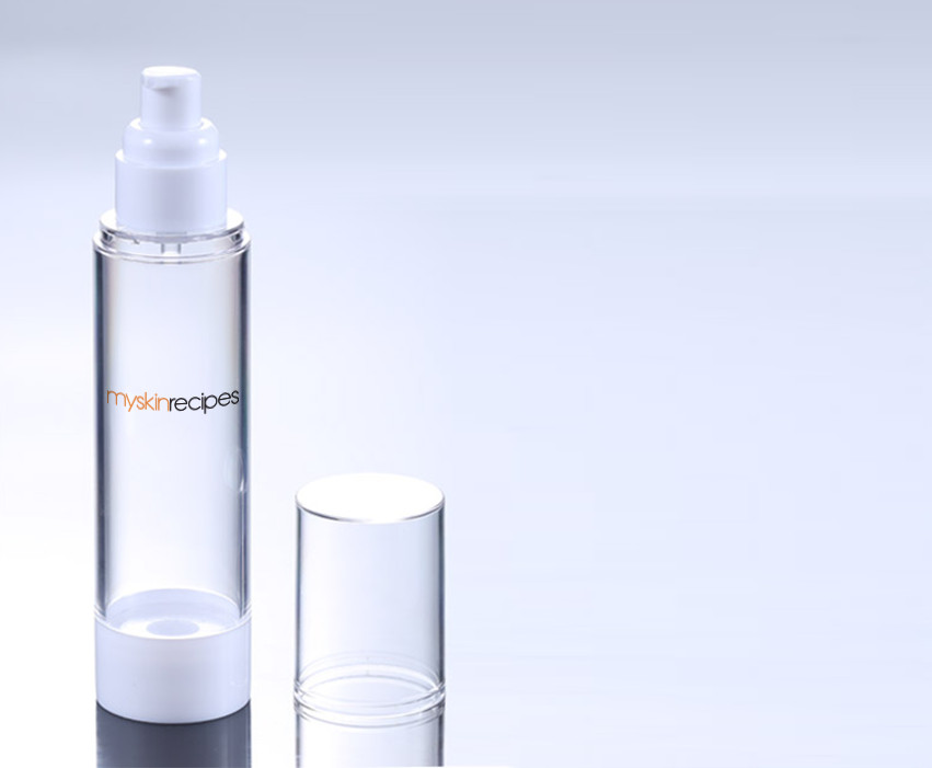Clear spray bottle, round shape, white pump cap, clear cover, 50ml
