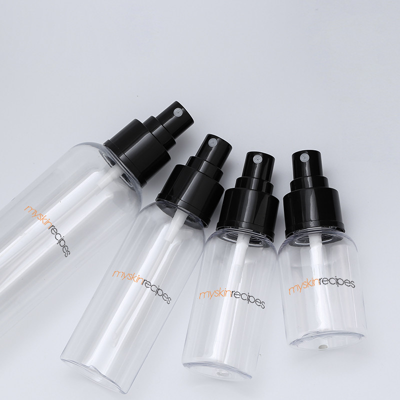 Clear spray bottle, round shape, black cap, clear cover, 50ml