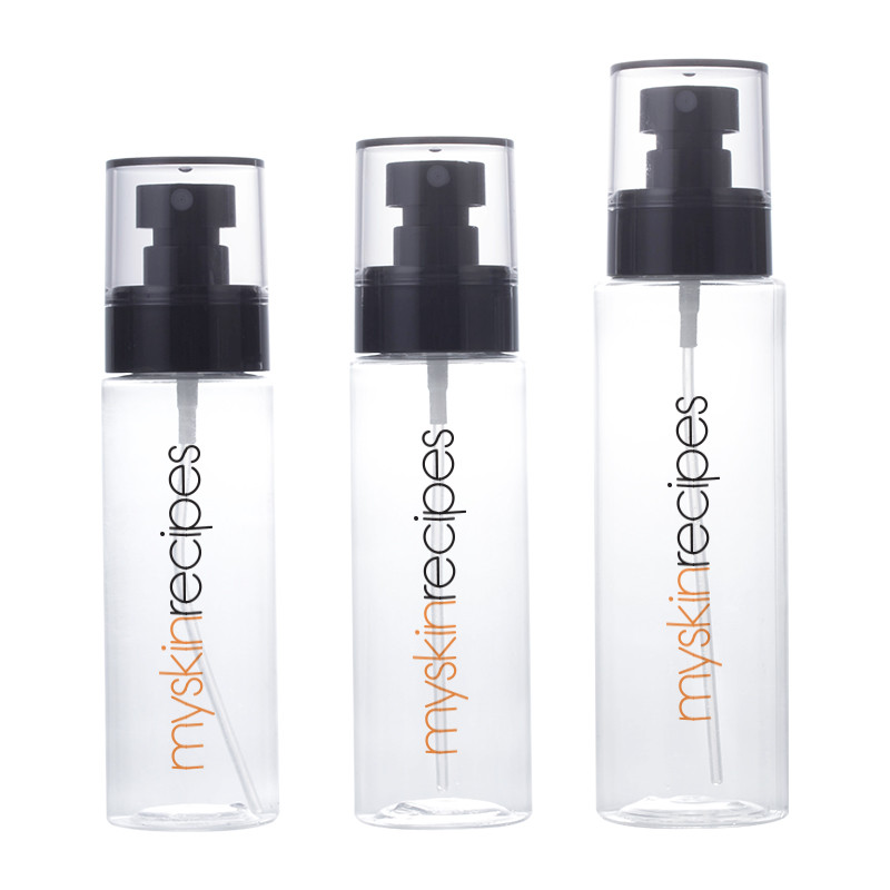 Clear spray bottle, round shape, black cap, clear cover, 100ml